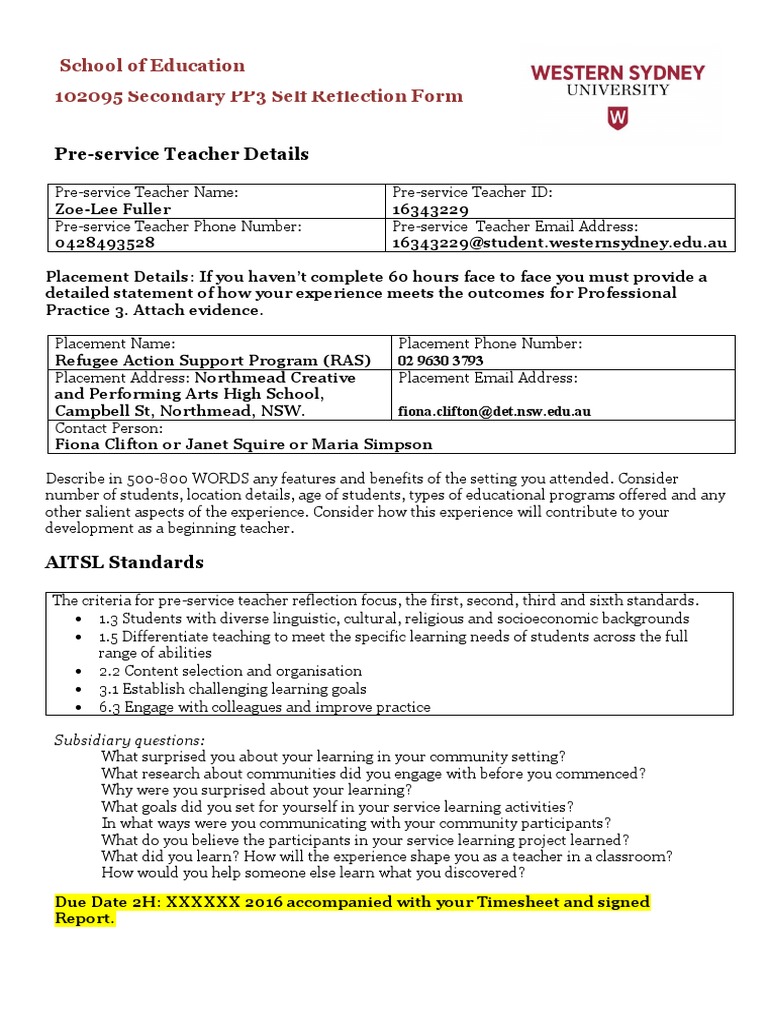 Z Fuller 102095 Pp3 2h 2016 Self Reflection Pdf Service Learning