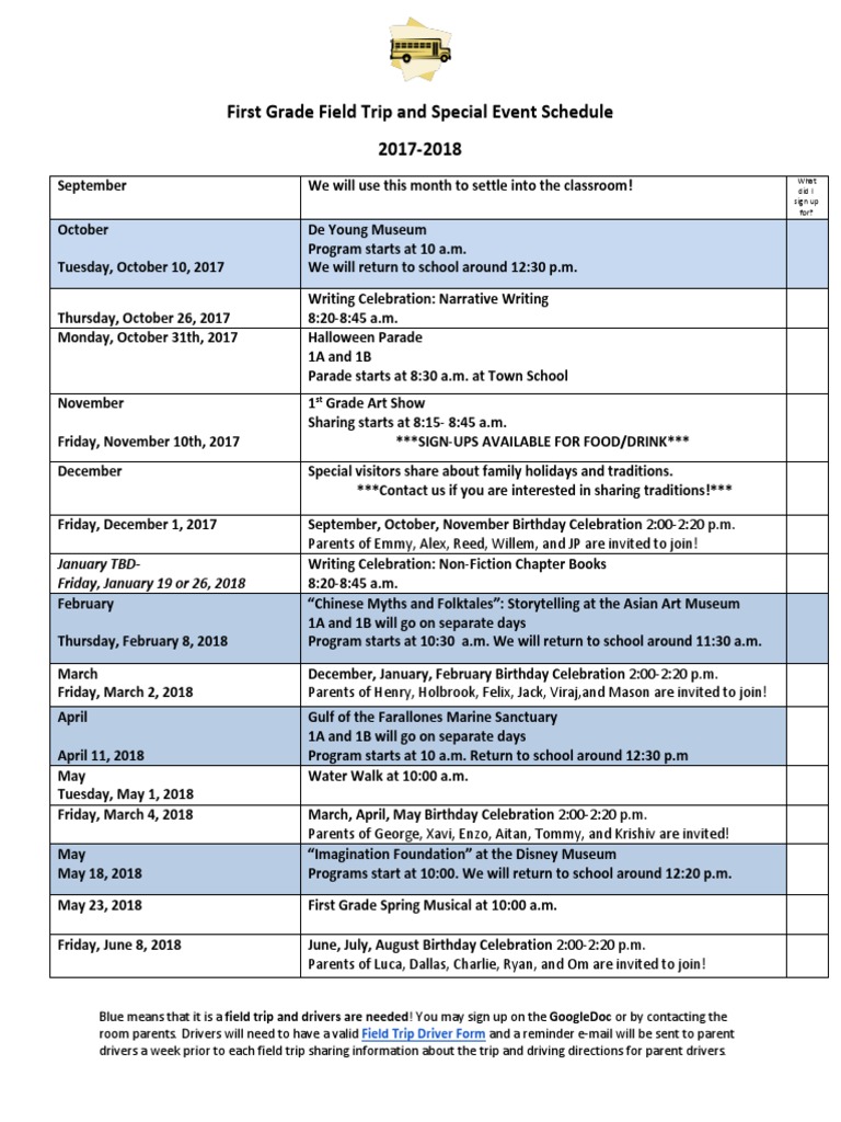 1b Special Events and Field Trip Schedule | PDF | Sports | Leisure