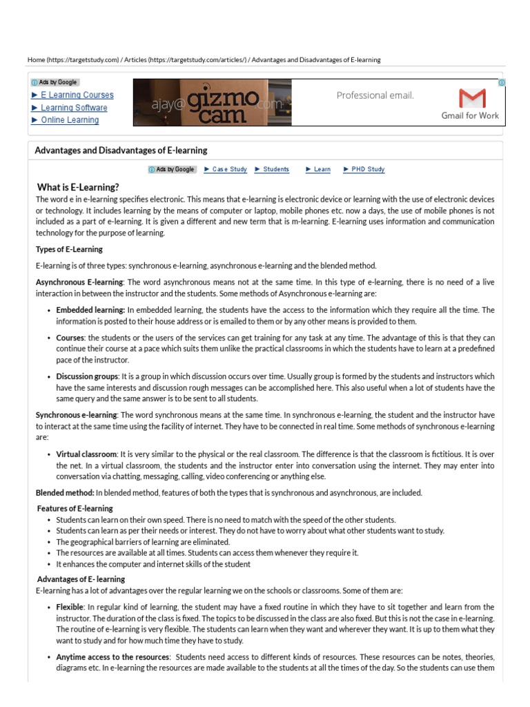 Advantages and Disadvantages of E-Learning | PDF | Educational ...