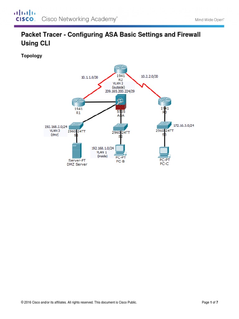 9.3.1.1 Packet Tracer - Configuring ASA Basic Settings and Firewall Using CLI | PDF | Ip Address ...