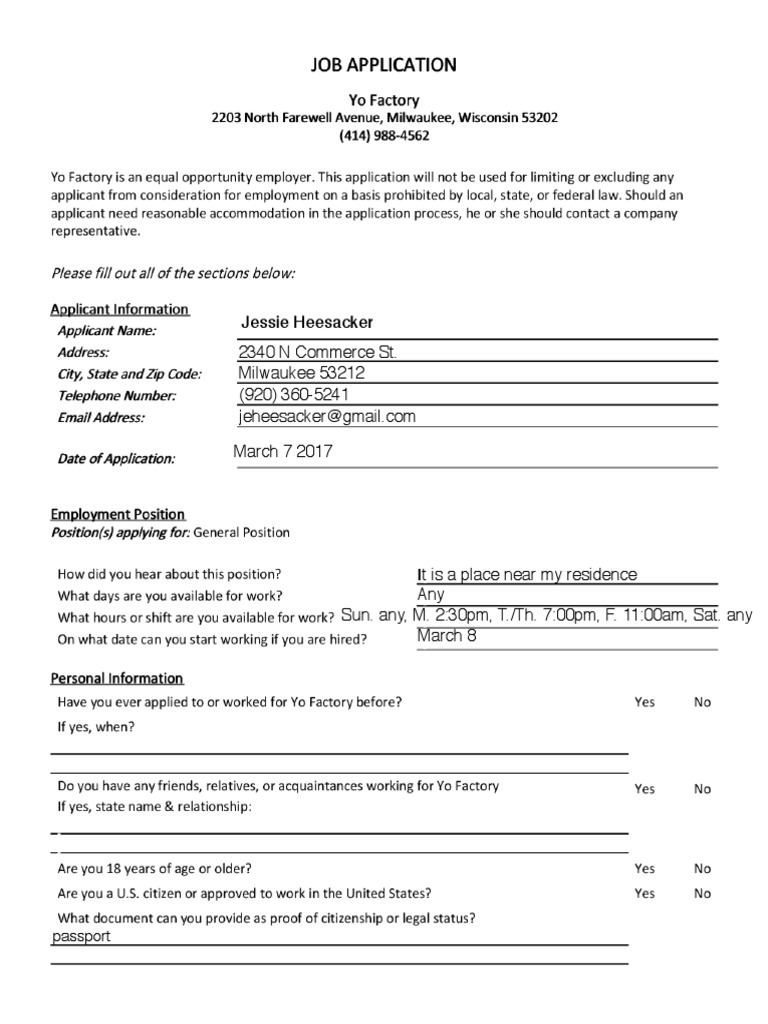 WYL0Md-Yo Factory Job Application | PDF