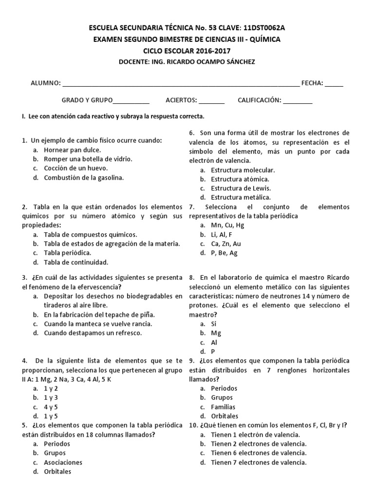 Examen Tercer Bimestre Ciencias III-quimica | Reacciones químicas | Elementos químicos