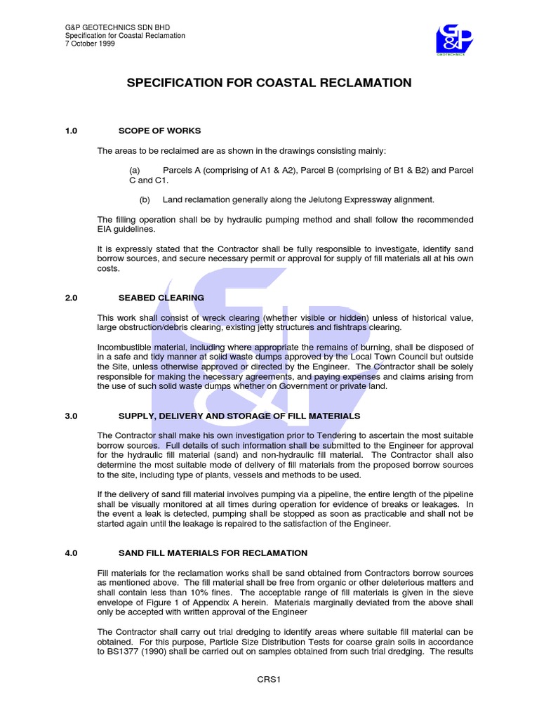 Coastal Reclamation Specification Guide | PDF | Surveying | Drainage