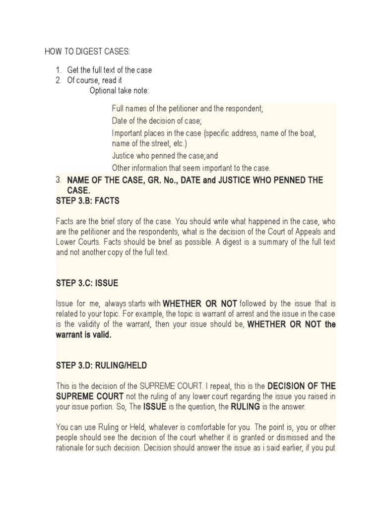 How To Digest Cases: 1. Get The Full Text of The Case 2. of Course ...