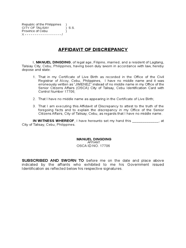 Affidavit of Discrepancy-no Middle Name