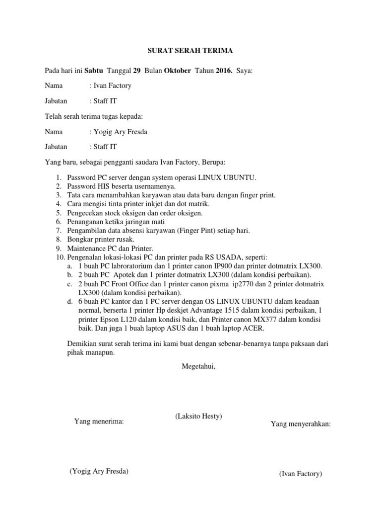 Surat Serah Terima | PDF