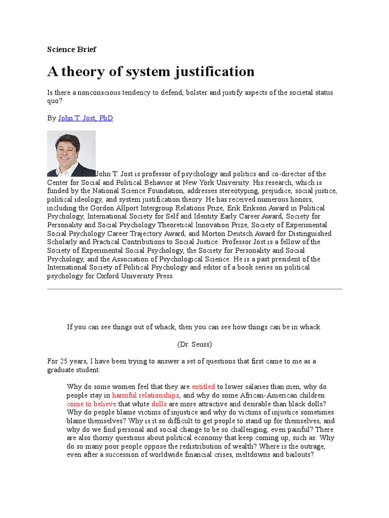A Theory of System Justification: Science Brief | PDF | Economic ...