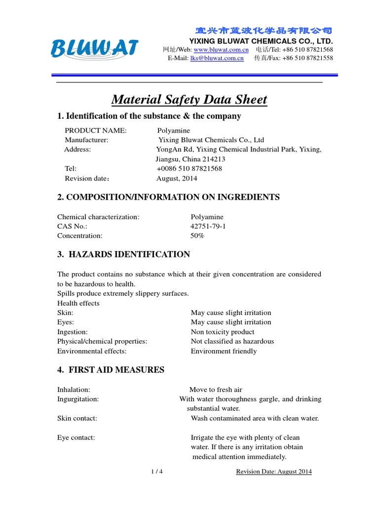 Polyamine Safety Data Sheet | PDF | Water | Materials