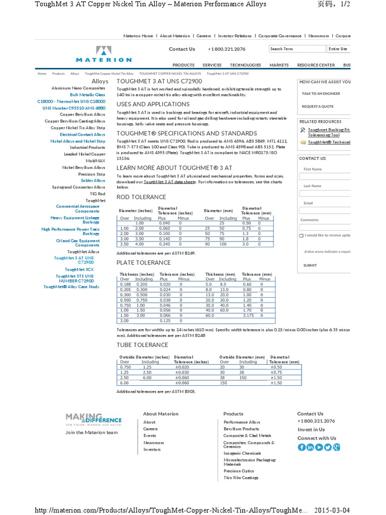ToughMet Copper Nickel Tin | PDF | Alloy | Engineering Tolerance