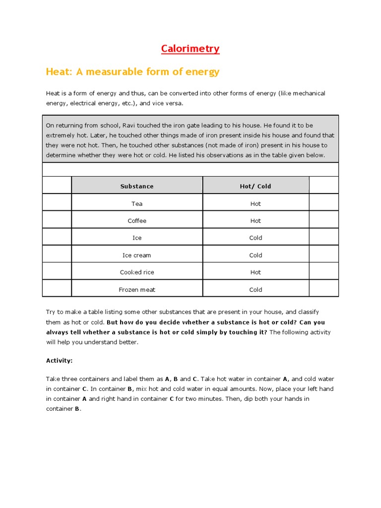 Heat: A Measurable Form of Energy: Calorimetry | PDF | Heat | Heat Capacity