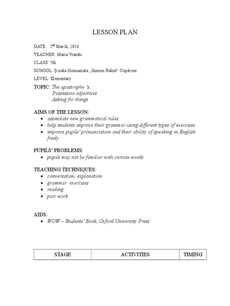 Possessive Adjectives Lesson Plan | PDF | Lesson Plan | Language Mechanics