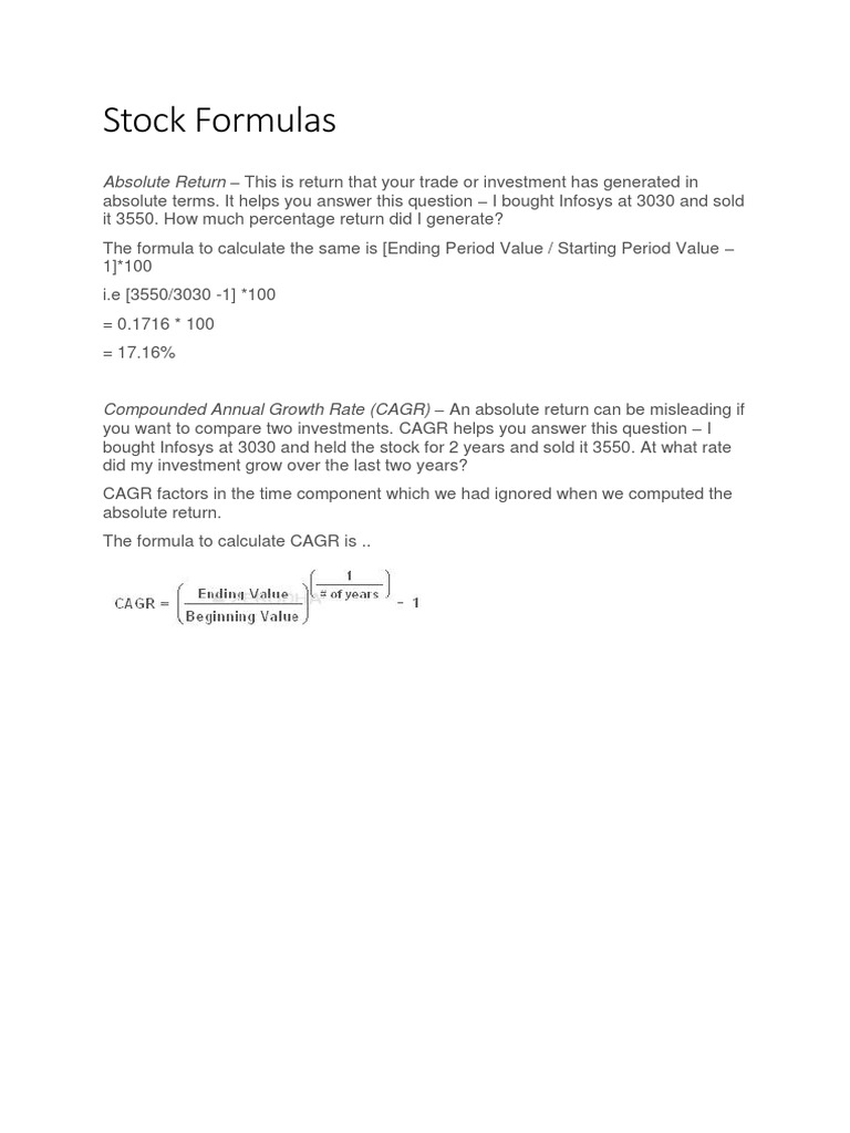 Stock Formulas: Absolute Return | PDF | Finance & Money Management