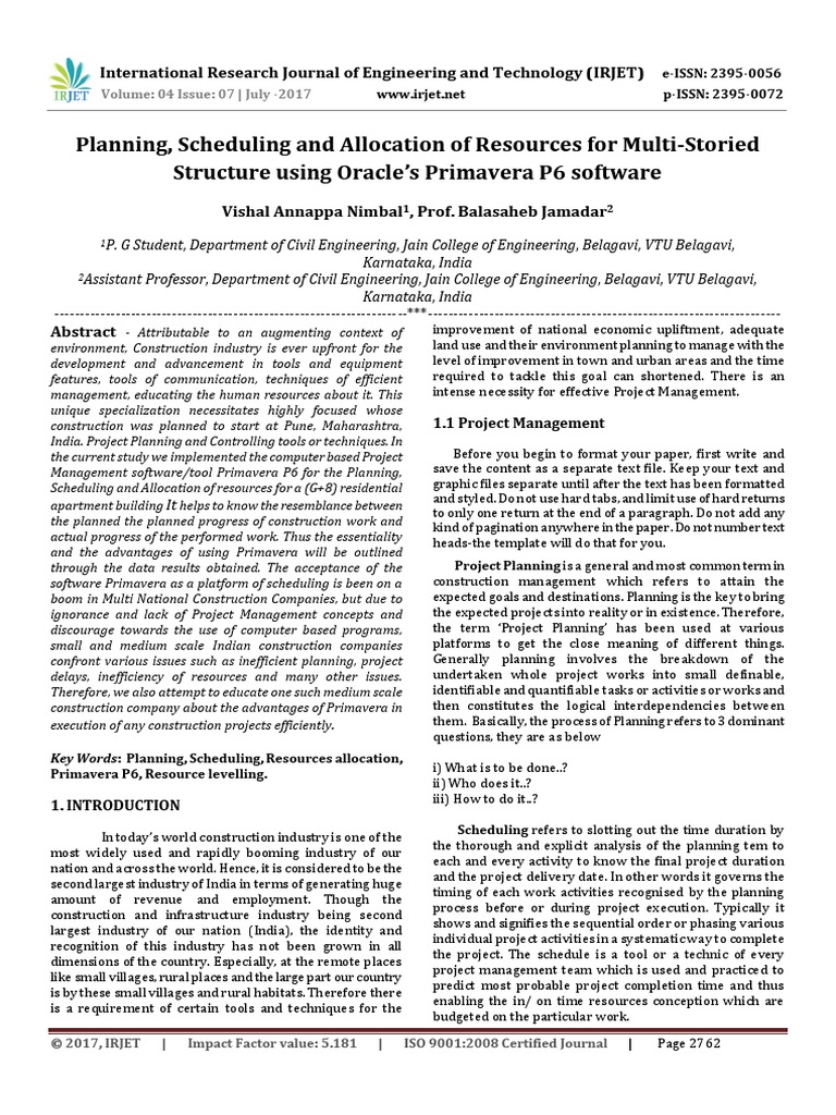 Planning, Scheduling and Allocation of Resources For Multi-Storied ... Planning, Scheduling and Allocation of Resources For Multi-Storied ...