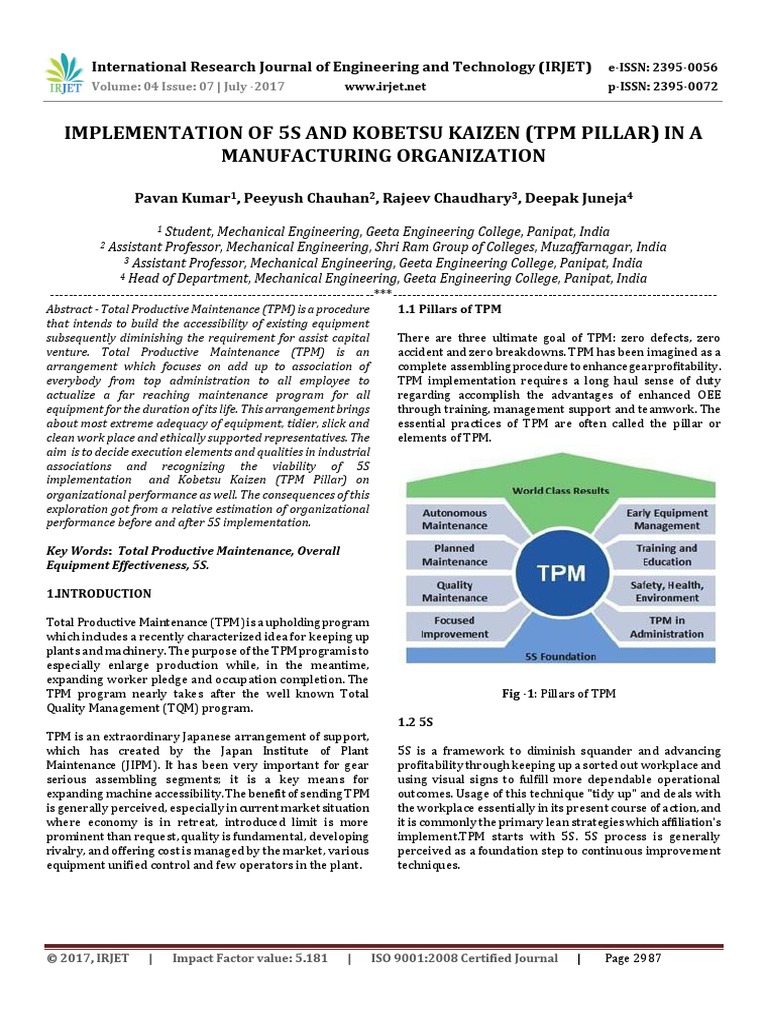 Implementation of 5S and KOBETSU KAIZEN (TPM Pillar) in A Manufacturing ...