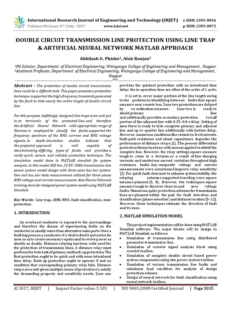 Double Circuit Transmission Line Protection Using Line Trap And Artificial Neural Network Matlab