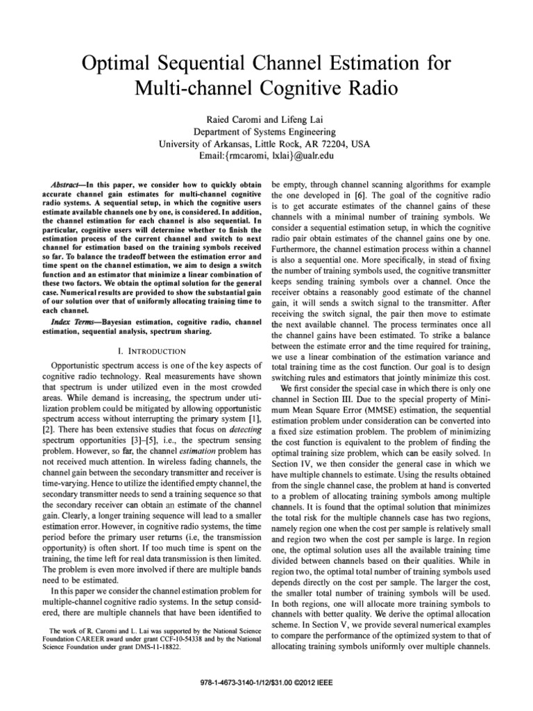 Optimal Sequential Channel Estimation For Multi-Channel Cognitive Radio ...