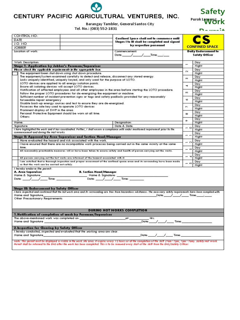 Safety Work Permit: Purok Lansong, Barangay Tambler, General Santos ...