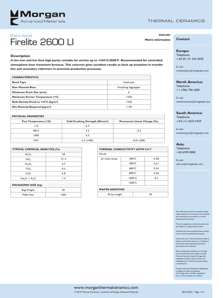 Firelite 2600 Li Metric Data Sheet | PDF | Ceramics | Materials Science