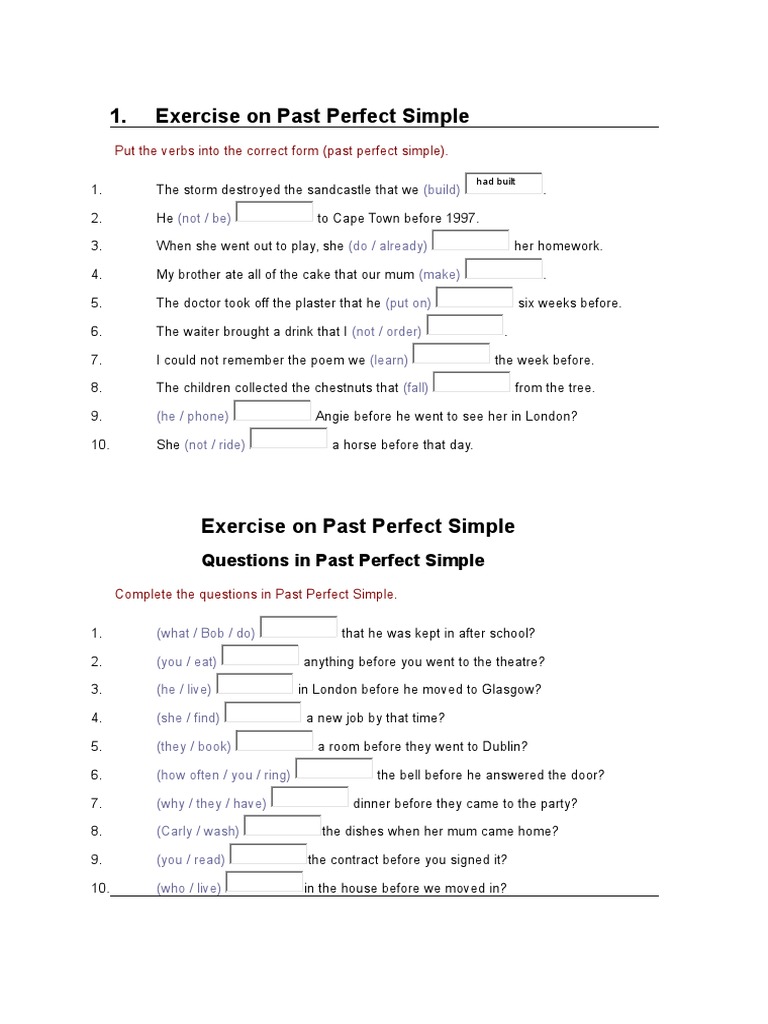 1 Exercise On Past Perfect Simple