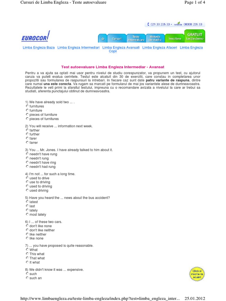 Test Autoevaluare Limba Engleza Intermediar - Avansat | PDF | Language ...