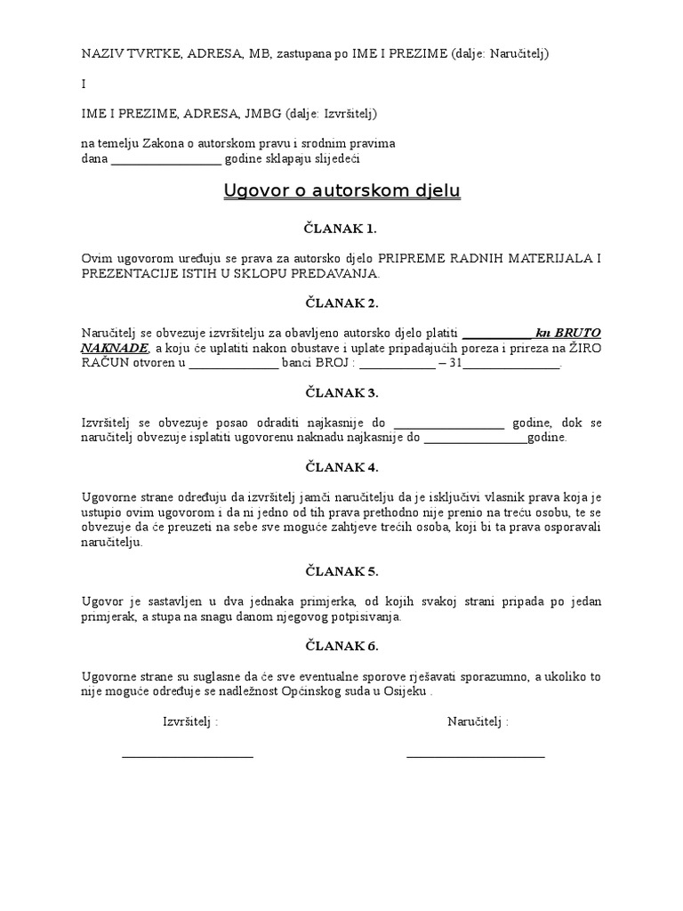 Ugovor o Autorskom Djelu - Uzorak I Obracun | PDF