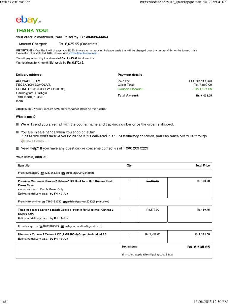 Order Confirmation EBAY | PDF | E Bay | Credit Card