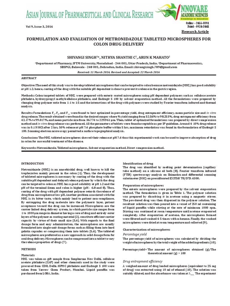 Formulation and Evaluation of Metronidazole Tableted Microspheres For Colon Drug Delivery | PDF ...