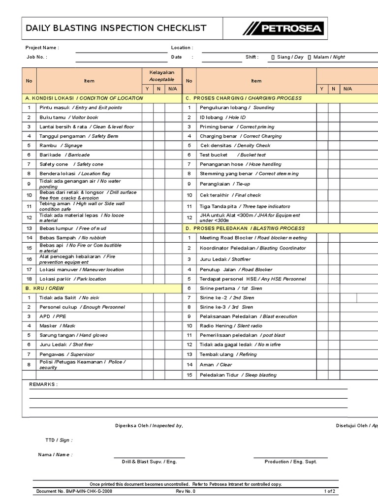 BMP MIN CHK G 2008 Daily Blasting Inspection | PDF