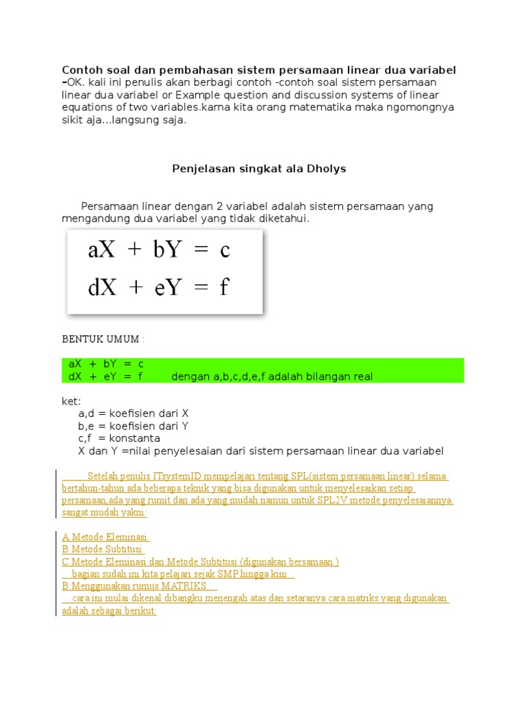 Contoh Soal Dan Pembahasan Sistem Persamaan Linear Dua Variabel | PDF