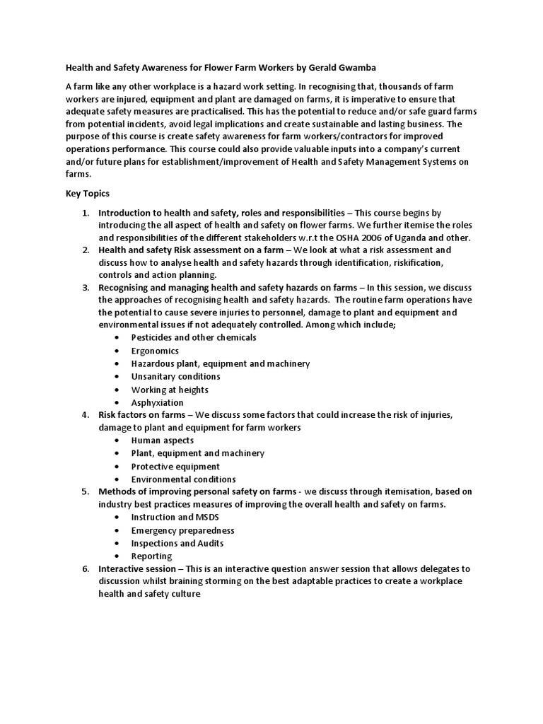 Health and Safety Awareness For Flower Farm Workers | PDF ...