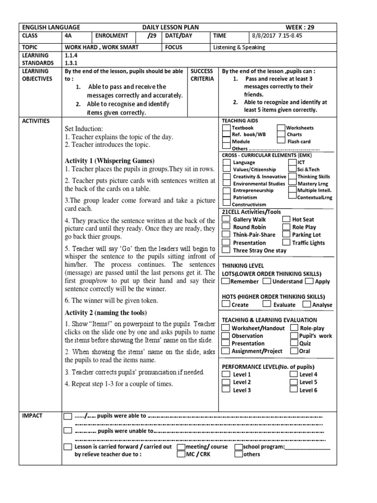 English Language Daily Lesson Plan Week: 29 | PDF | Lesson Plan ...