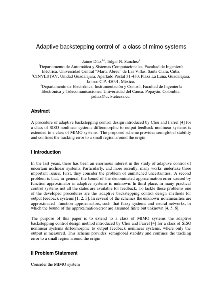 Adaptive Backstepping Control of A Class of Mimo Systems | PDF | Pi | Approximation