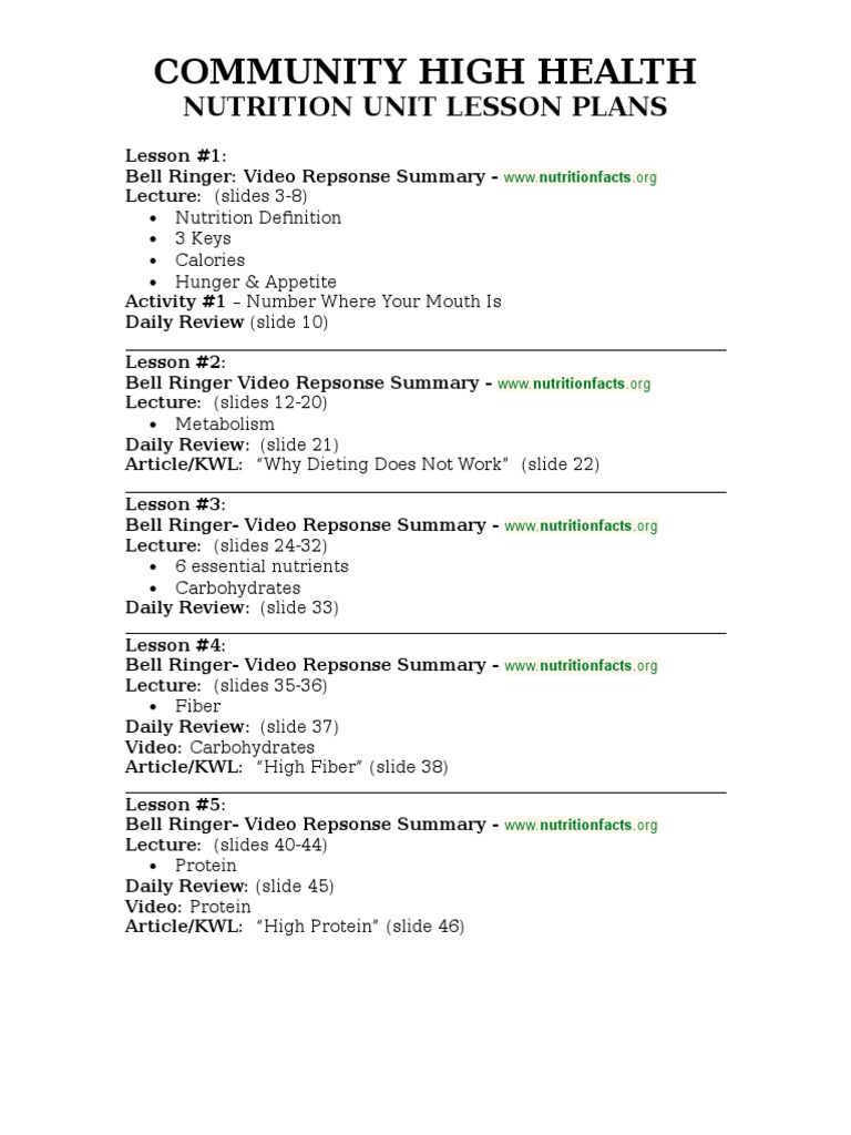 Community High Health: Nutrition Unit Lesson Plans | PDF | Healthy Diet ...