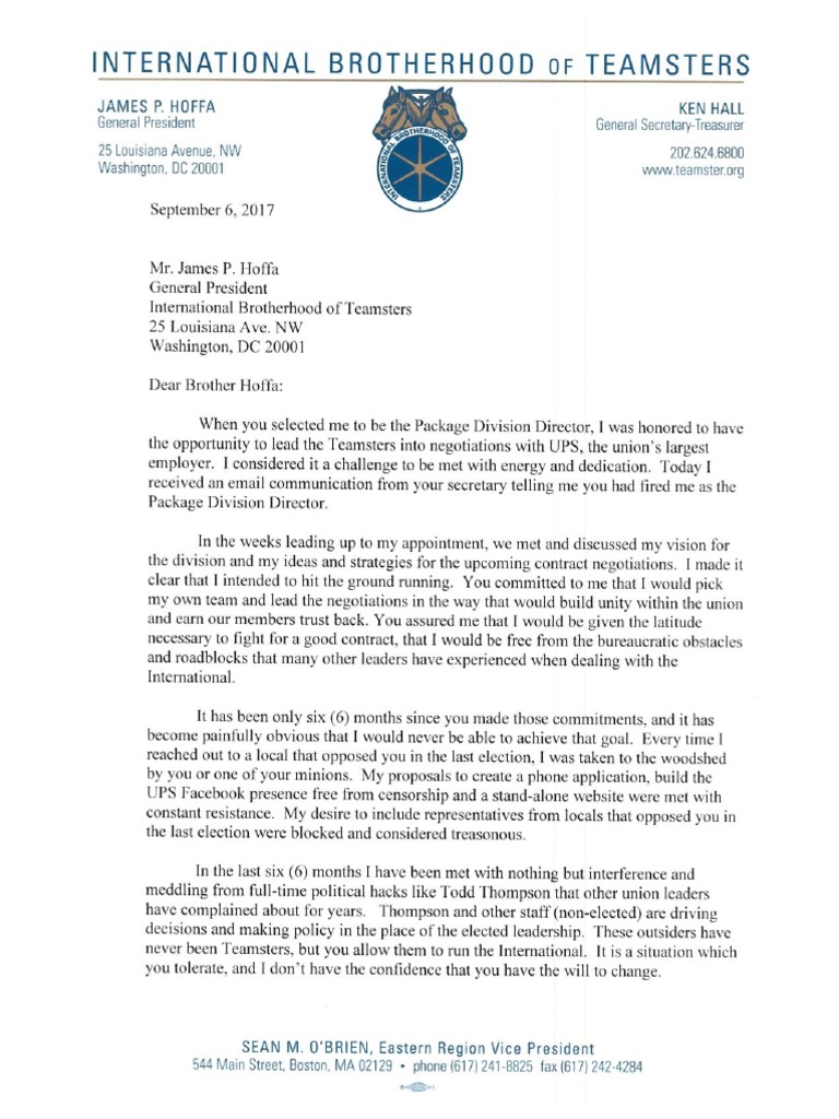 Teamsters Local 25 Sean O'Brien Letter To Hoffa | PDF