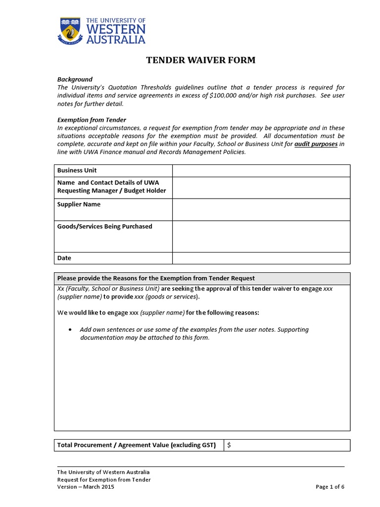 Tender Waiver Form 2015 | PDF | Procurement | Insurance