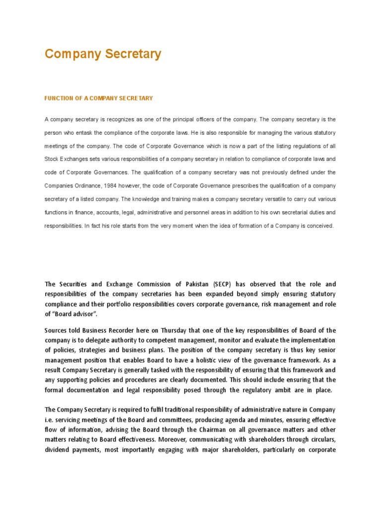 Function of A Company Secretary | PDF | Governance | Corporate Governance