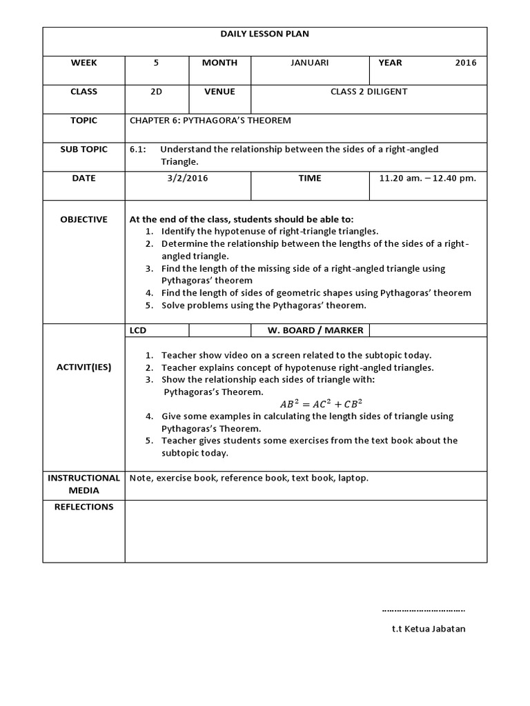 Daily Lesson Plan Week Month Year 2016 Class Venue Topic Sub Topic Date ...