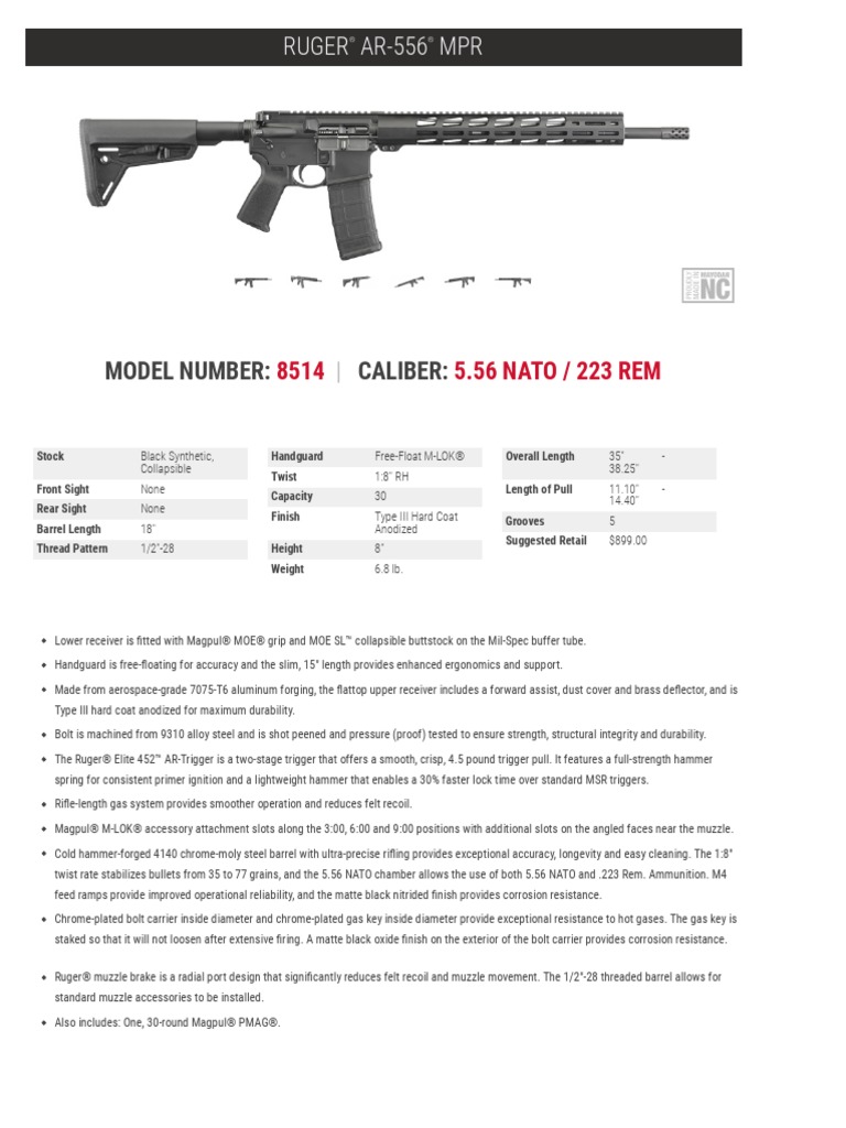 Ruger AR-556 MPR Spec Sheet | Firearms | Projectile Weapons