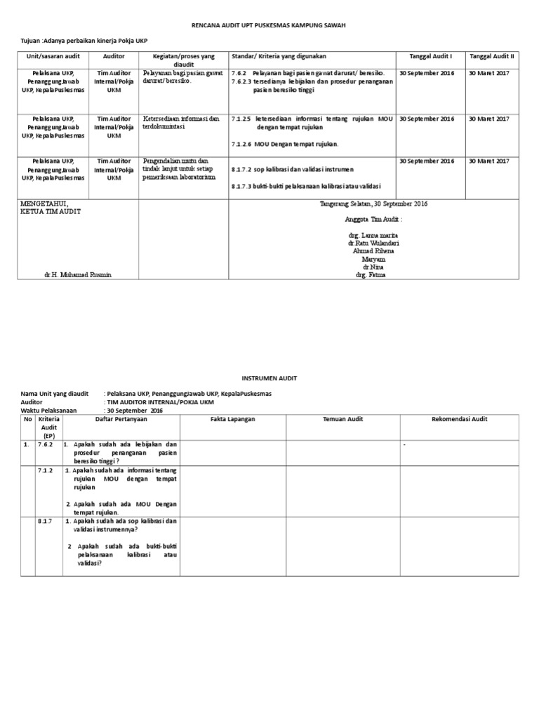 Rencana Audit Kinerja Puskesmas 2016 | PDF