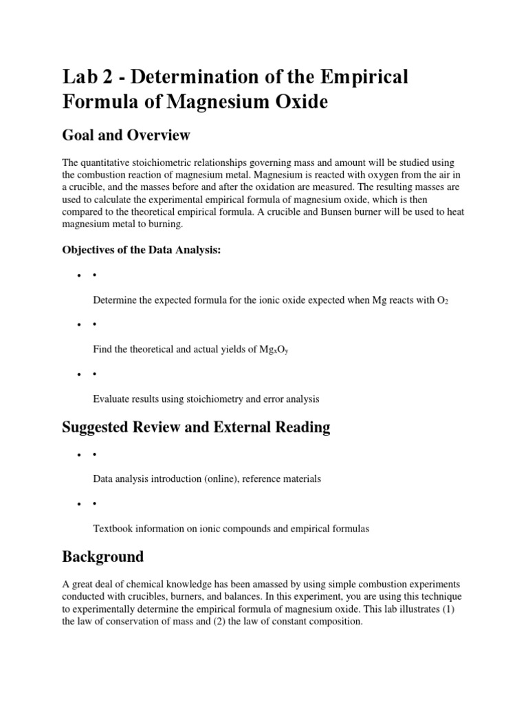 Empirical Formula of Magnesium Oxide Lab | PDF | Stoichiometry | Magnesium
