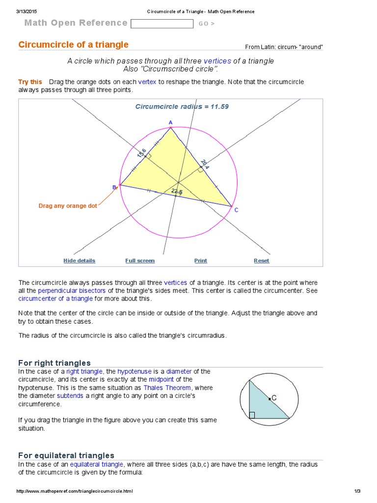 Circumcircle of a Triangle - Math Open Reference | Triangle | Circle