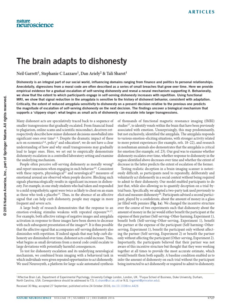 The Brain Adapts To Dishonesty: Neil Garrett, Stephanie C Lazzaro, Dan ...
