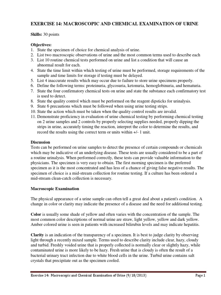 Exercise 14: Macroscopic and Chemical Examination of Urine | PDF ...