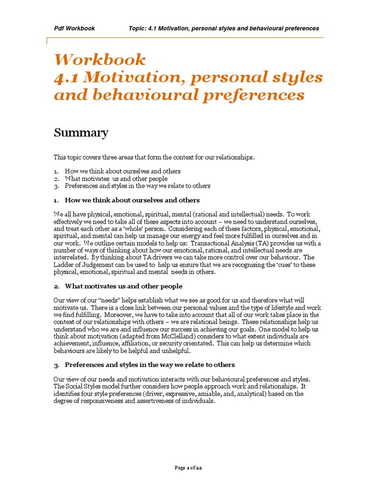 Motivation, Personal Stylesand Behavioural Preferences | PDF ...