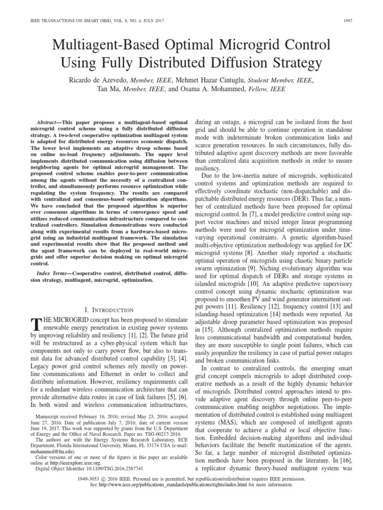 Multiagent-Based Optimal Microgrid Control Using Fully Distributed Diffusion Strategy | PDF ...