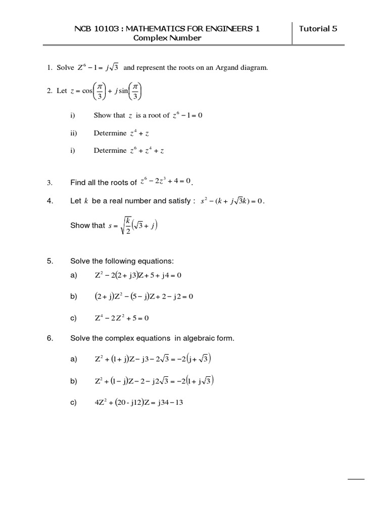 NCB 10103: Mathematics For Engineers 1 Complex Number Tutorial 5 | PDF | Electrical Impedance ...