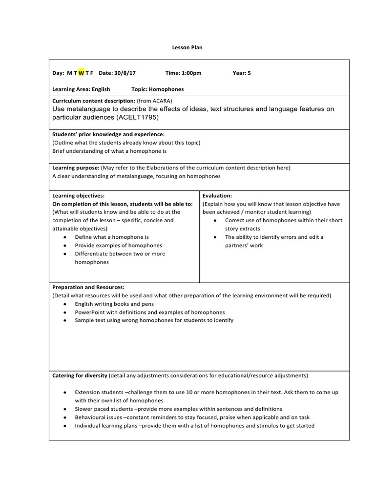 Lesson Plan - Homophones | PDF | Lesson Plan | Curriculum