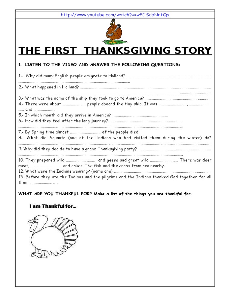 The First Thanksgiving Story: 1. Listen To The Video and Answer The ...