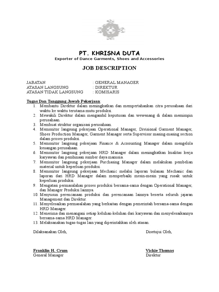 Job Description General Manager PT | PDF