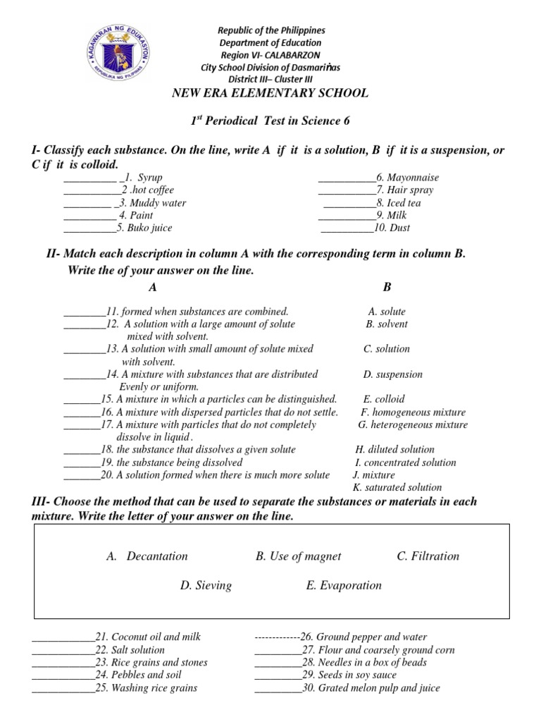 Science 6 1st Periodical Test With Answer Key | PDF | Solution | Mixture
